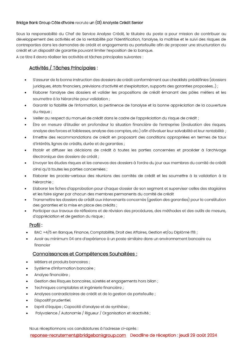 Bridge Bank Group Côte d’Ivoire recrute - Ma Carriere